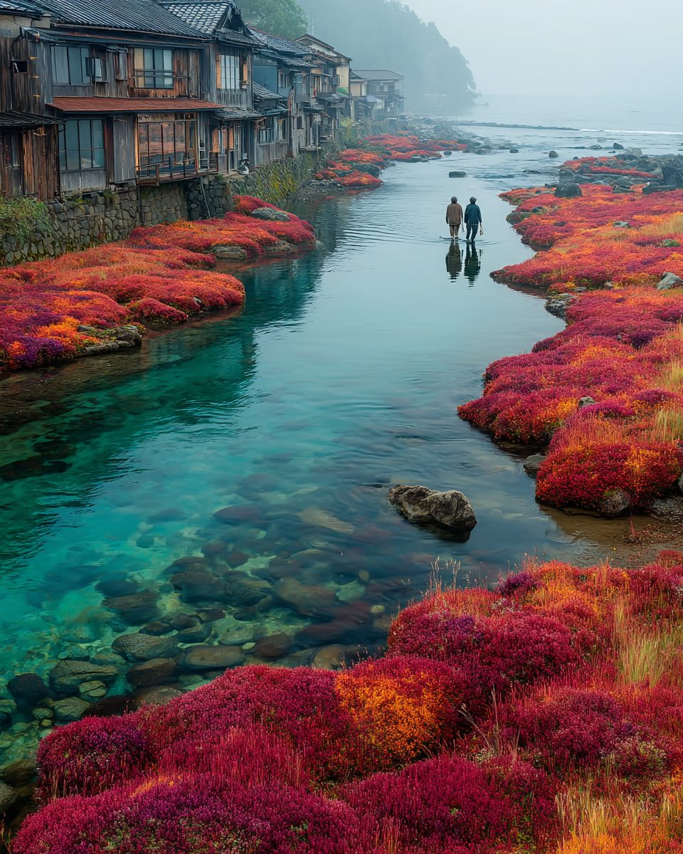 The Red Moss River Village of Japan