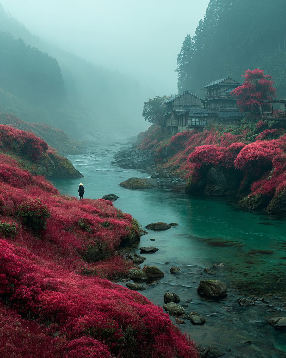 The Red Moss River Village of Japan