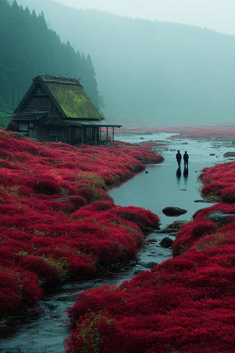 The Red Moss River Village of Japan