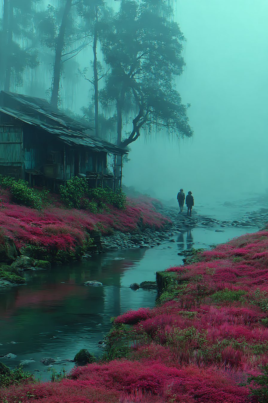 The Red Moss River Village of Japan