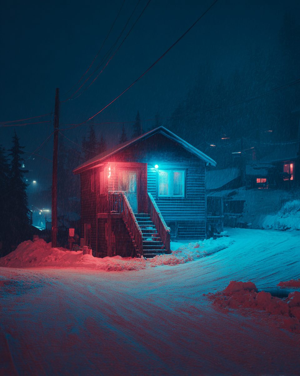 A Snowy Town with Neon Lights