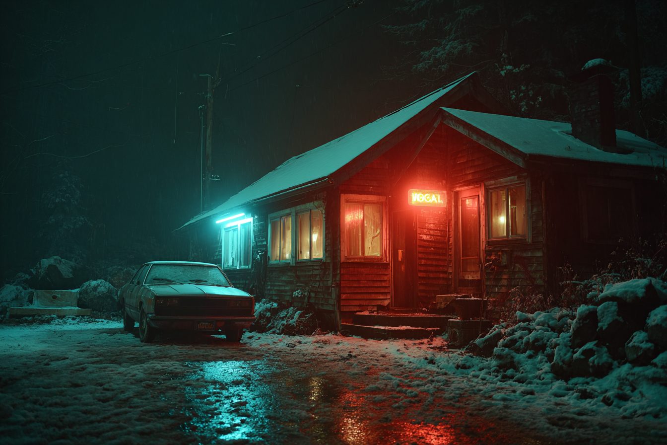 A Snowy Town with Neon Lights