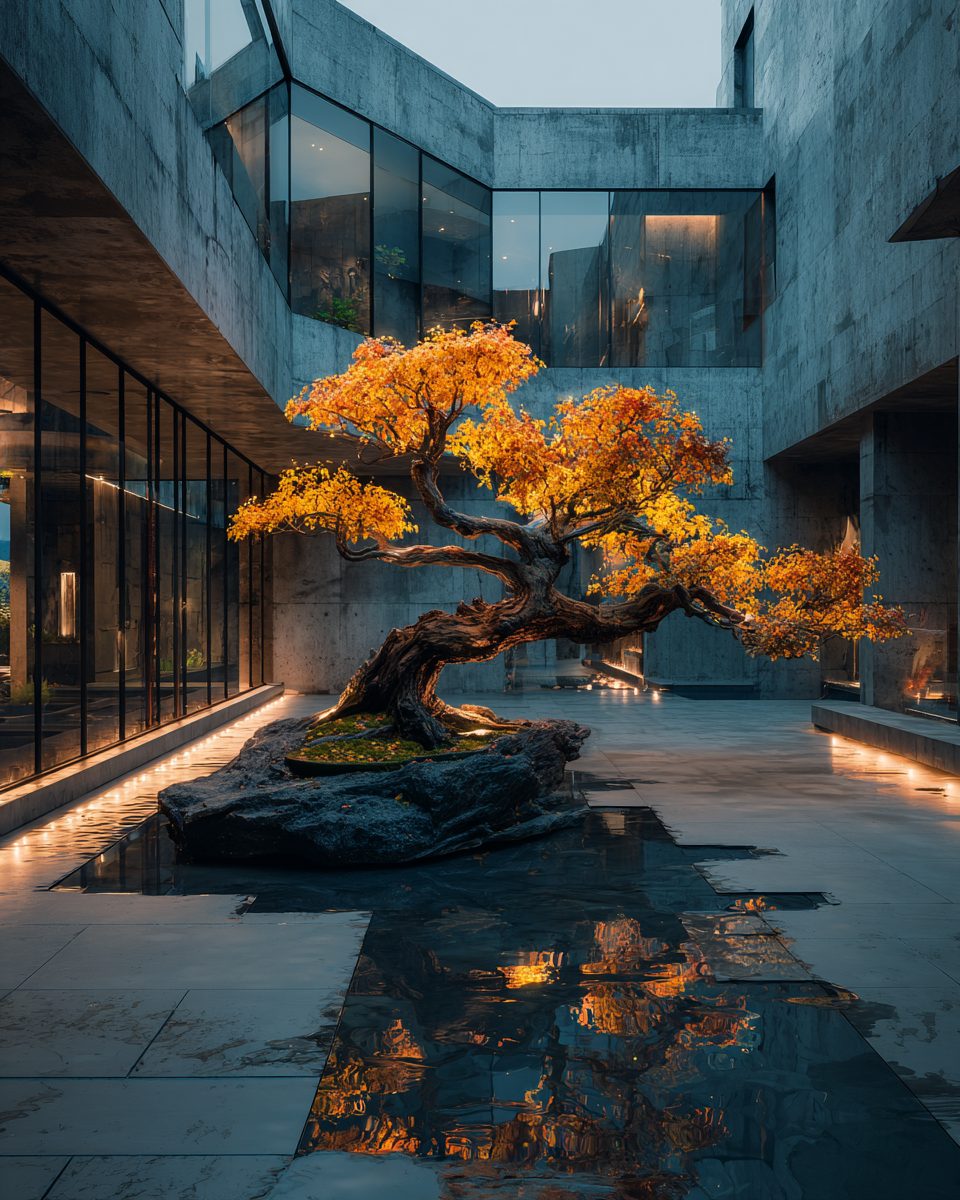 Autumn Bonsai Tree in a Courtyard