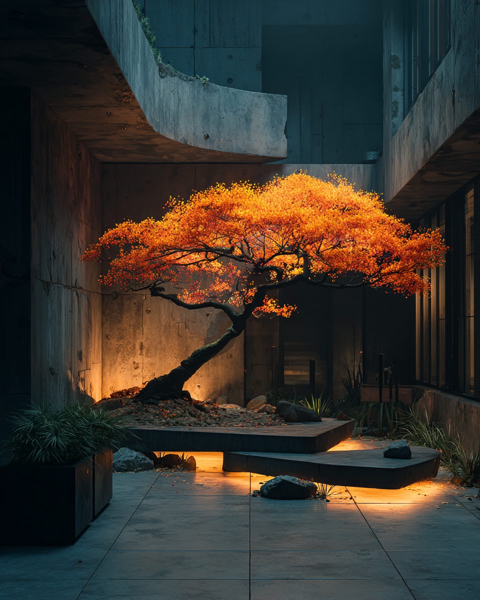 Autumn Bonsai Tree in a Courtyard
