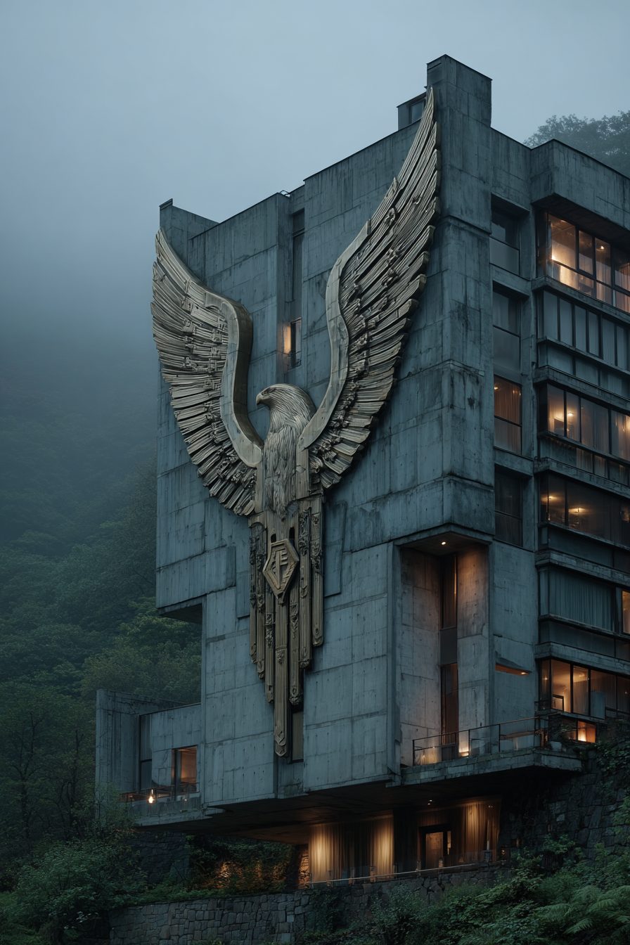 Brutalist Buildings with Golden Wings