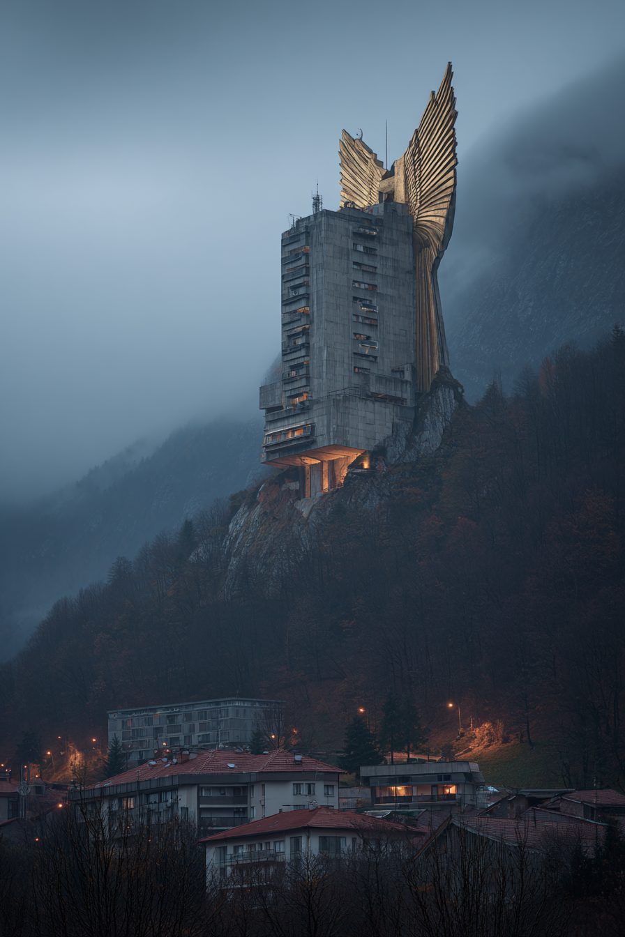 Brutalist Buildings with Golden Wings