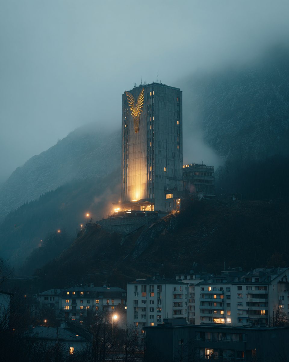 Brutalist Buildings with Golden Wings