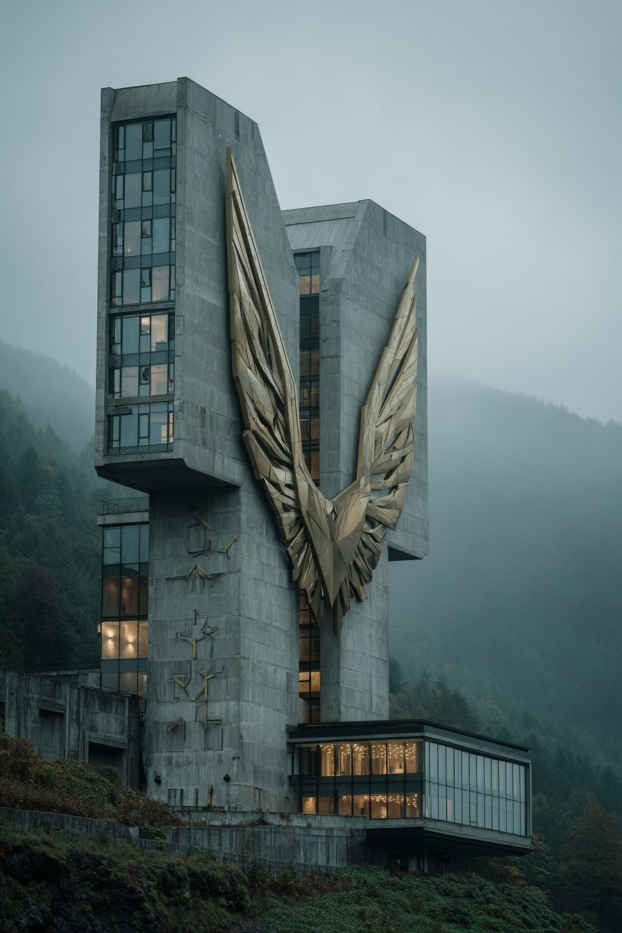Brutalist Buildings with Golden Wings