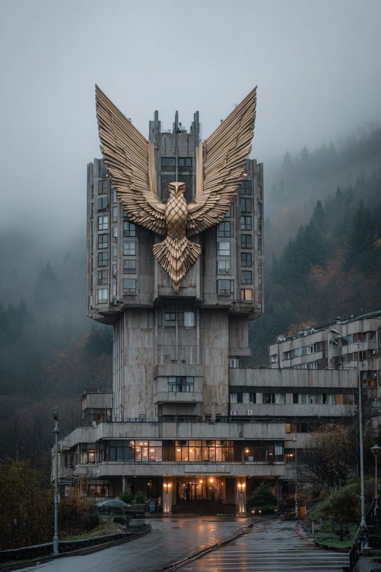 Brutalist Buildings with Golden Wings
