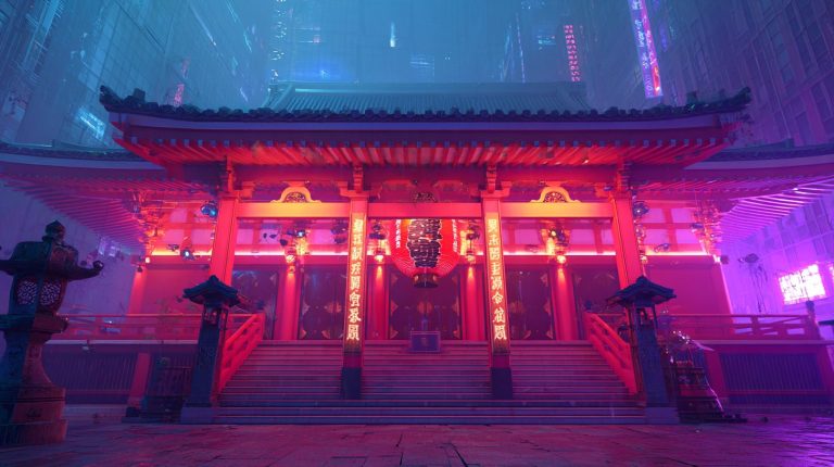 Cyberpunk-Style Temples with Neon Lights