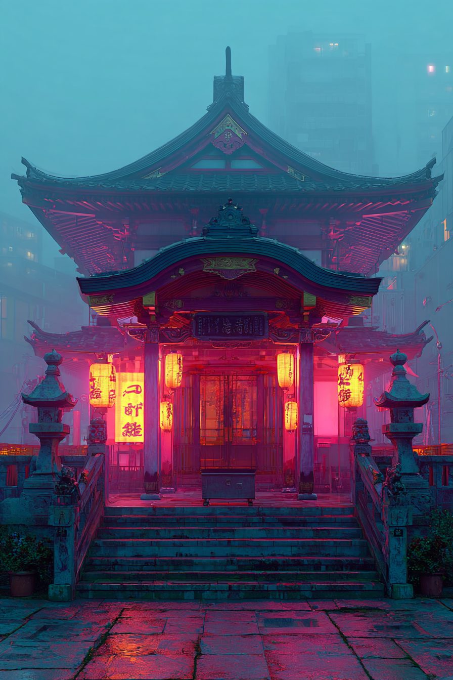 Cyberpunk-Style Temples with Neon Lights