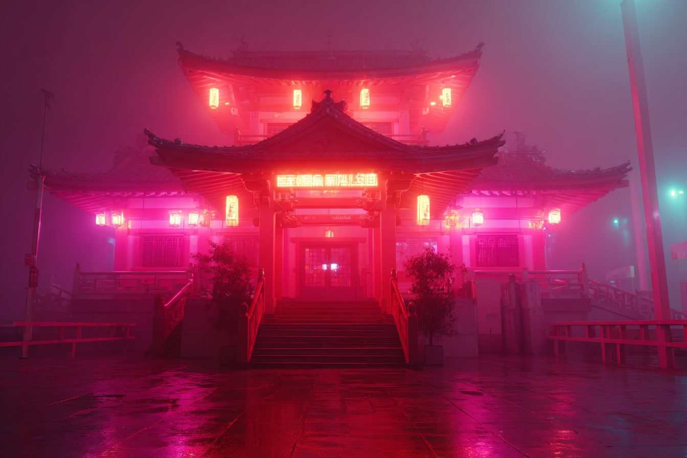 Cyberpunk-Style Temples with Neon Lights