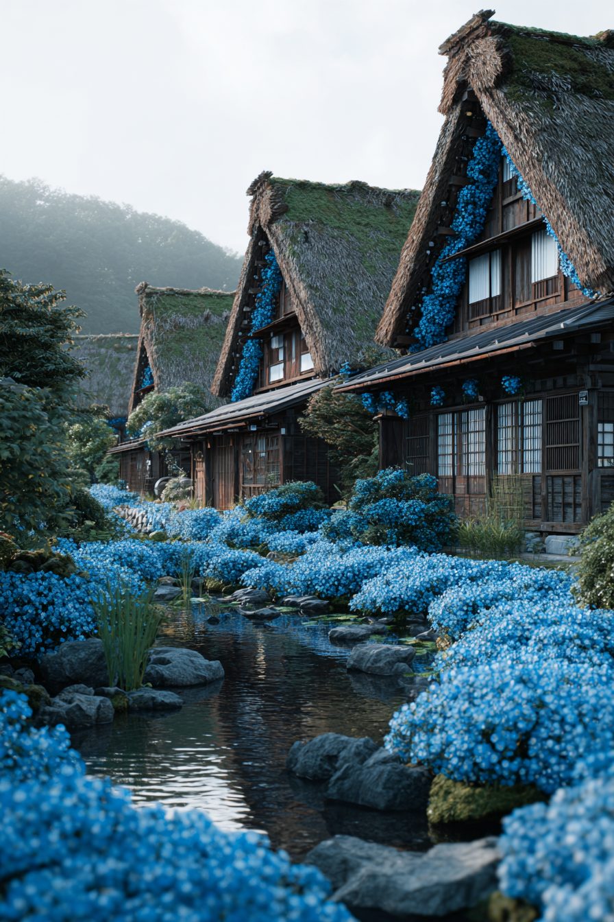 Japanese River Village of Blue Flowers