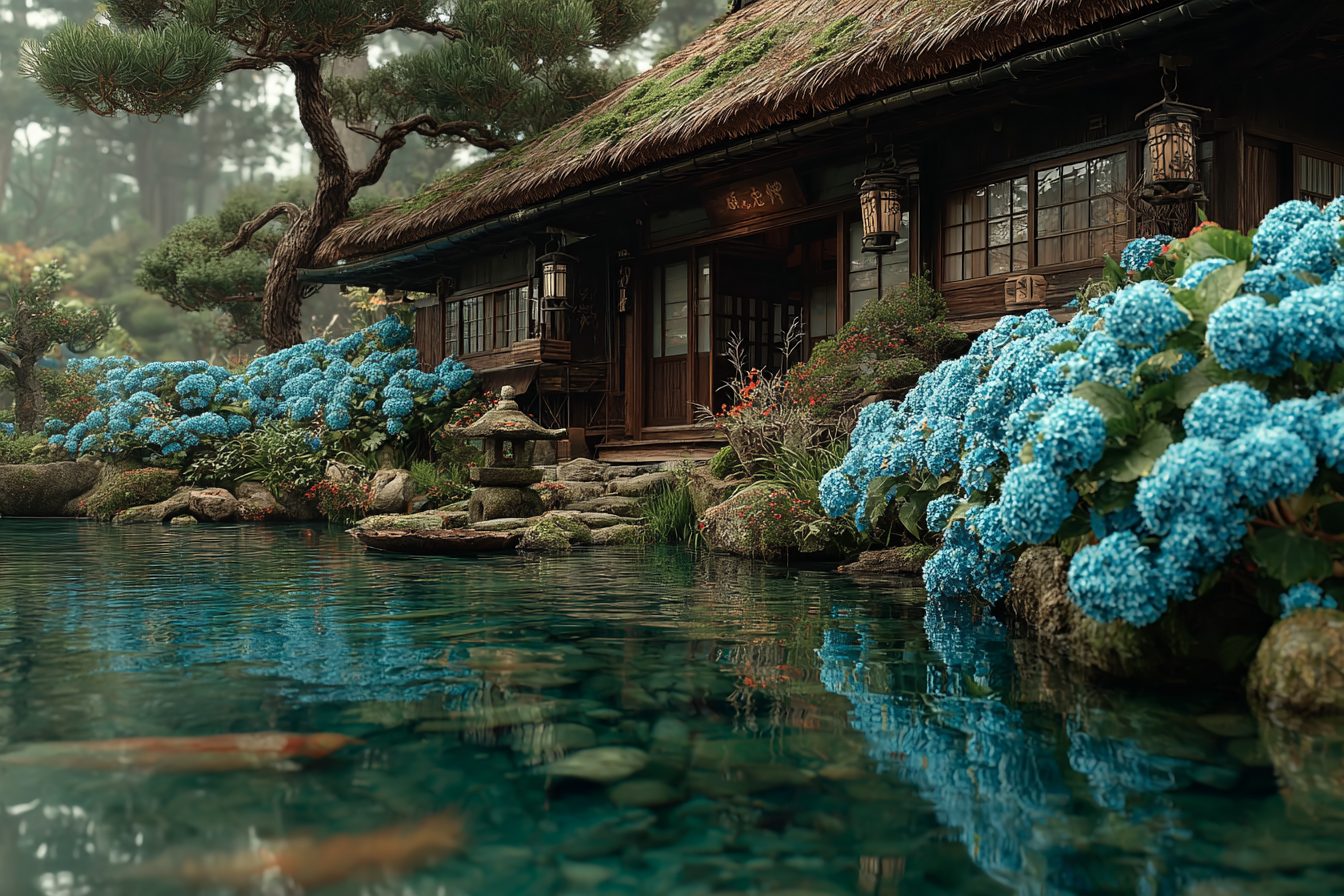 Japanese River Village of Blue Flowers