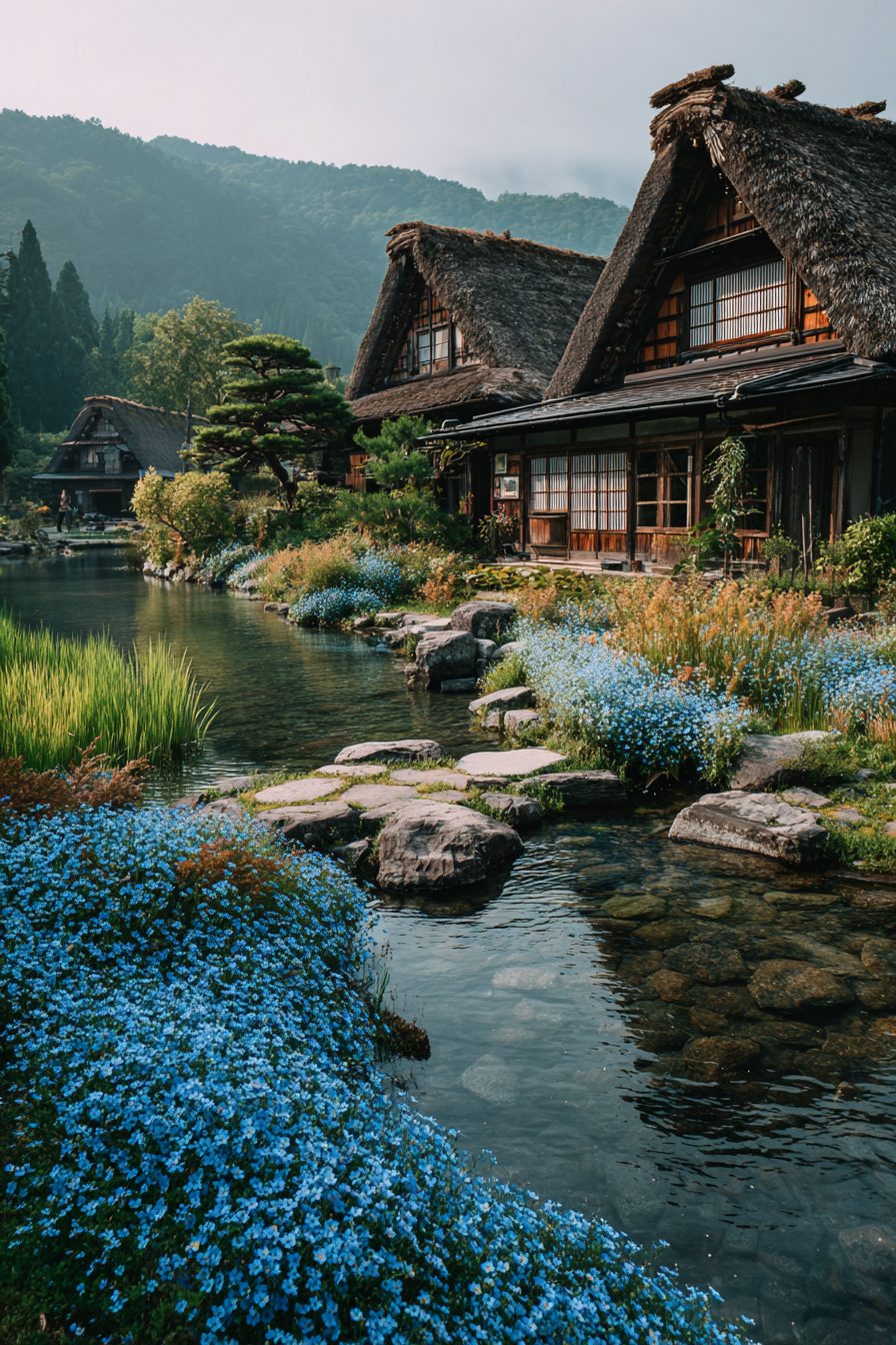 Japanese River Village of Blue Flowers