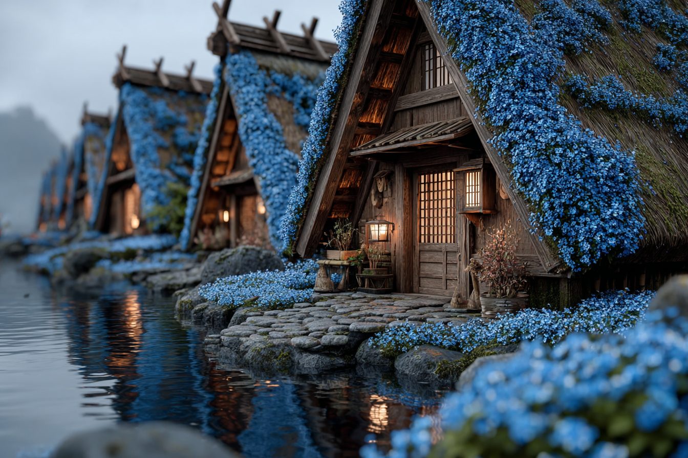 Japanese River Village of Blue Flowers