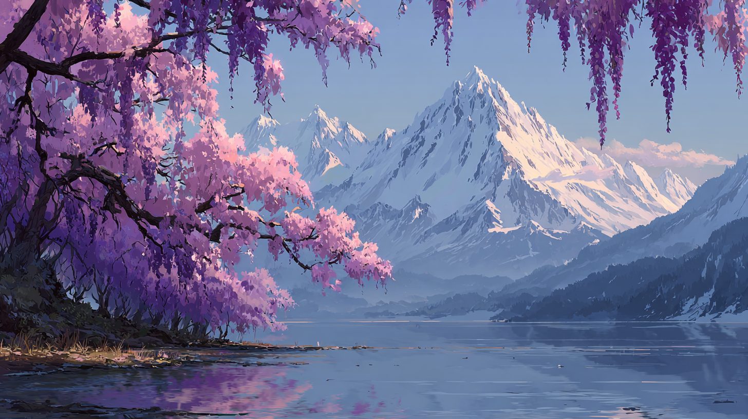 Landscapes of Mountains and Wisteria Flowers – Anime Vibes
