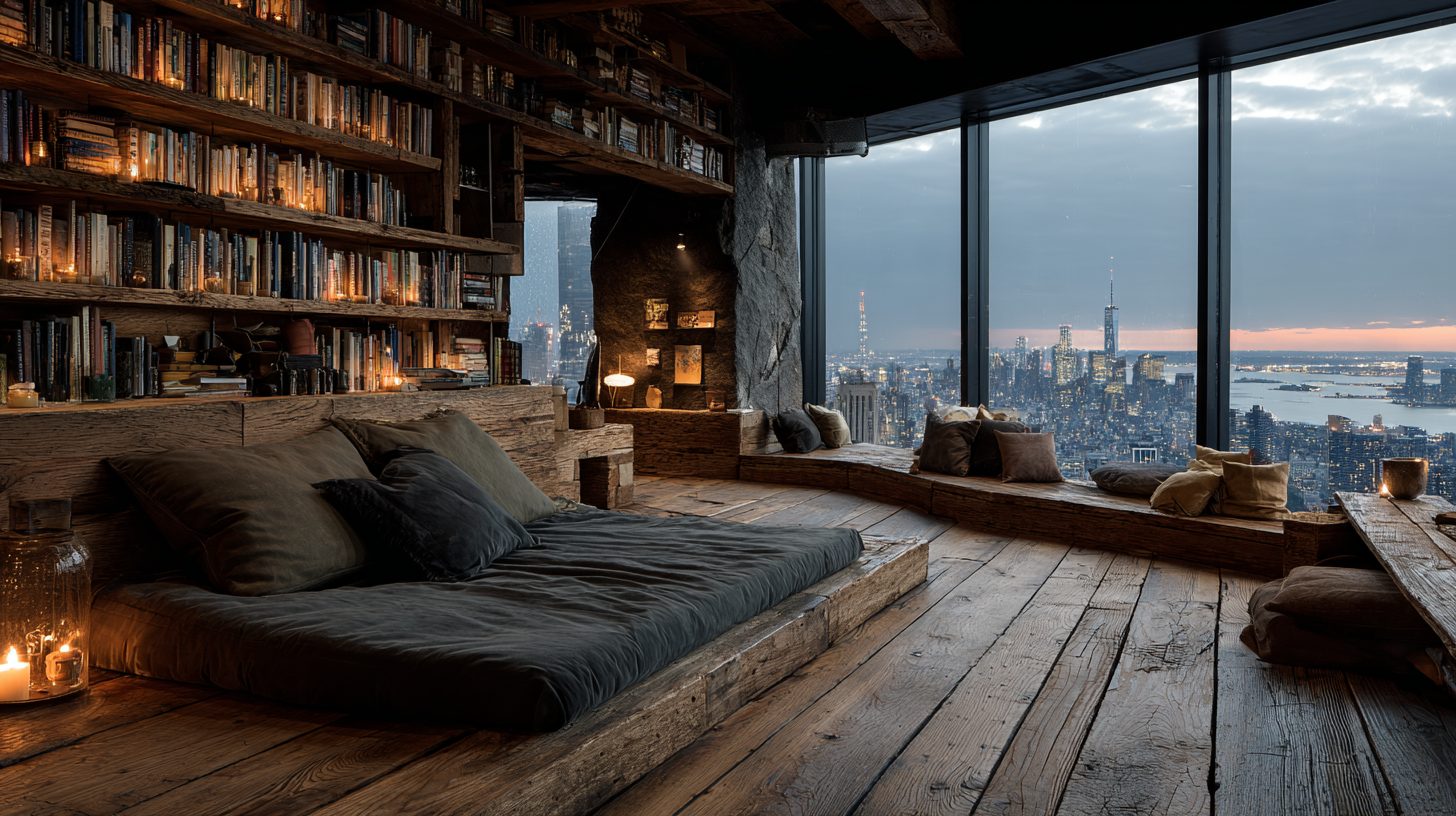 Rustic Modern Home Library with a Cityscape View