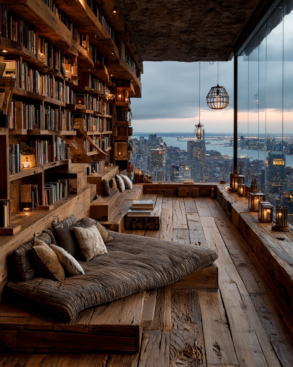 Rustic Modern Home Library with a Cityscape View