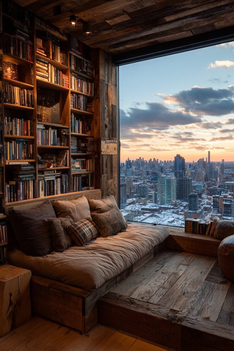 Rustic Modern Home Library with a Cityscape View