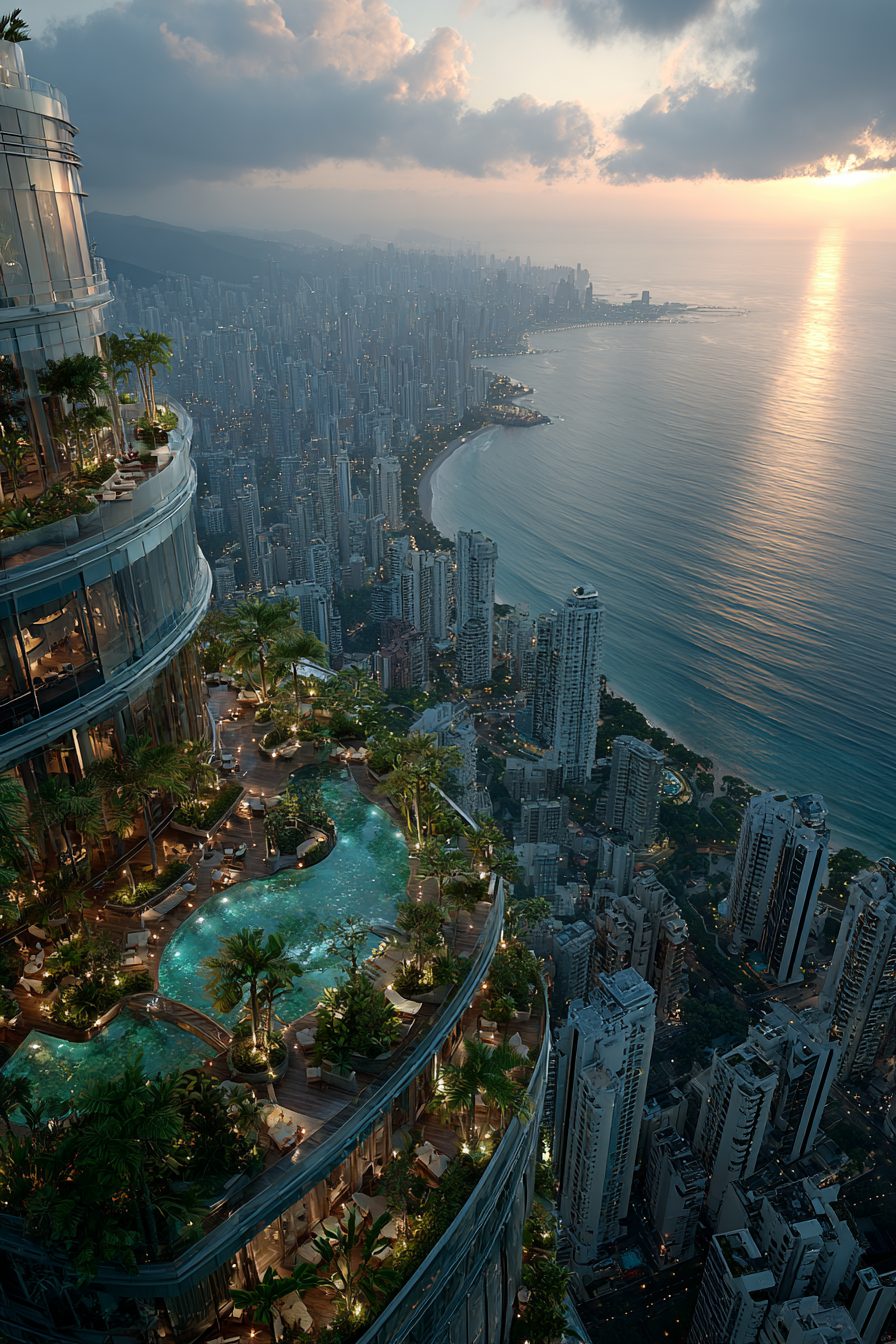 Skyscraper Rooftop with a Seafront View
