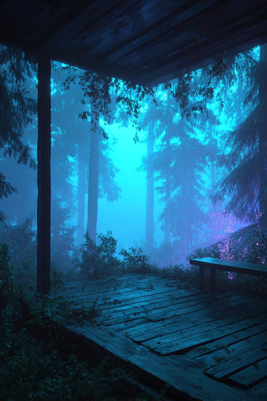 A Wooden Home within a Blue Neon Forest