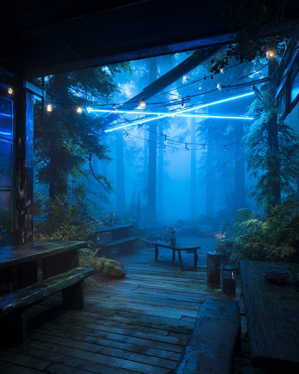 A Wooden Home within a Blue Neon Forest