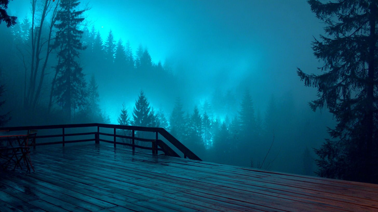 A Wooden Home within a Blue Neon Forest
