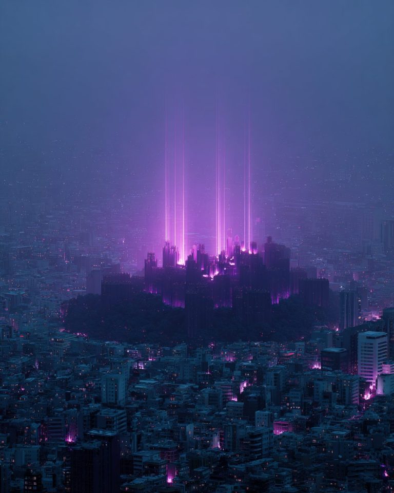 Colossal Futuristic Buildings Purple Neon Lights