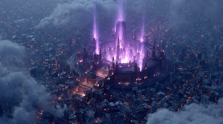 Colossal Futuristic Buildings Purple Neon Lights