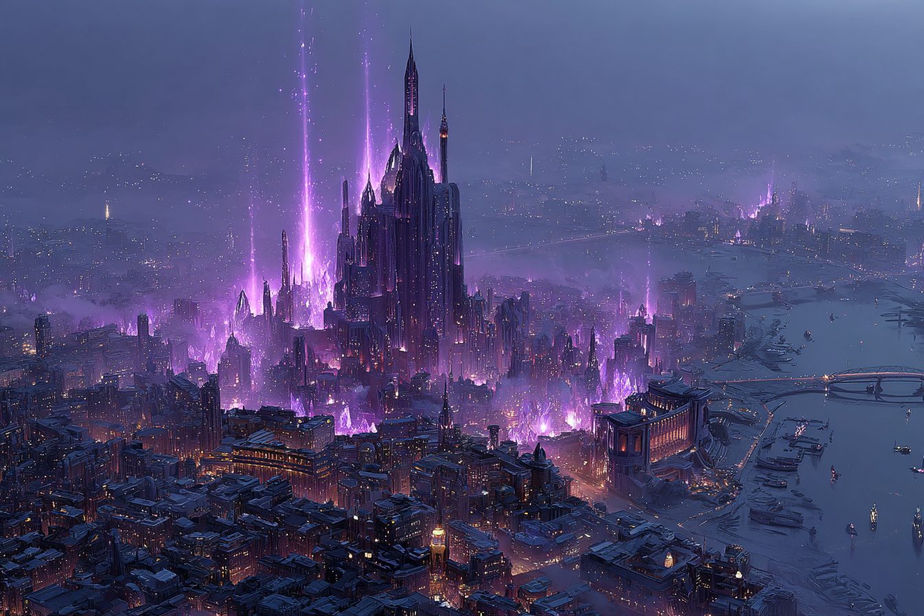 Colossal Futuristic Buildings Purple Neon Lights