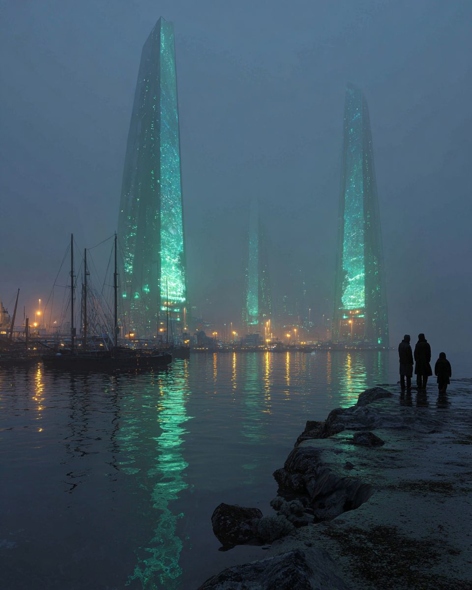 Futuristic Green Neon Skyscrapers
