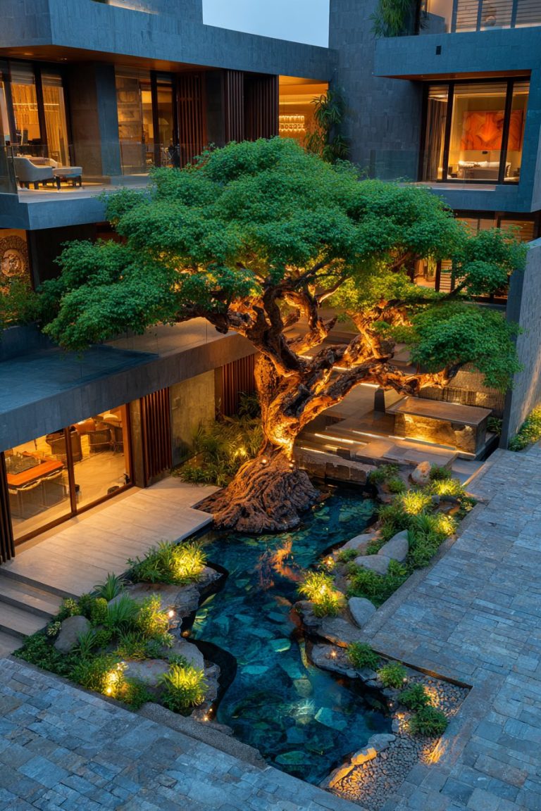 Modern Courtyard Garden with a Large Bonsai Tree