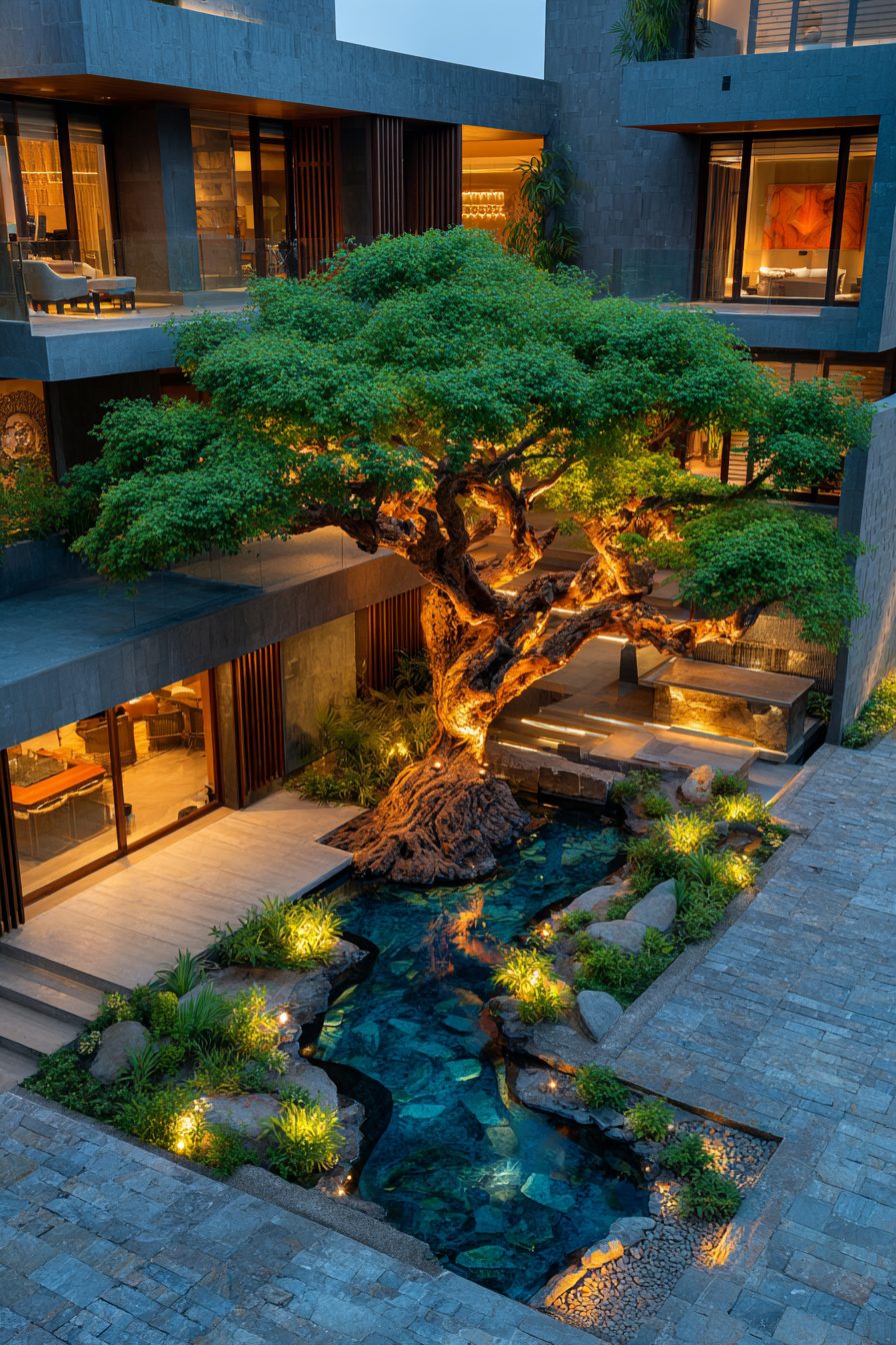 Modern Courtyard Garden with a Large Bonsai Tree