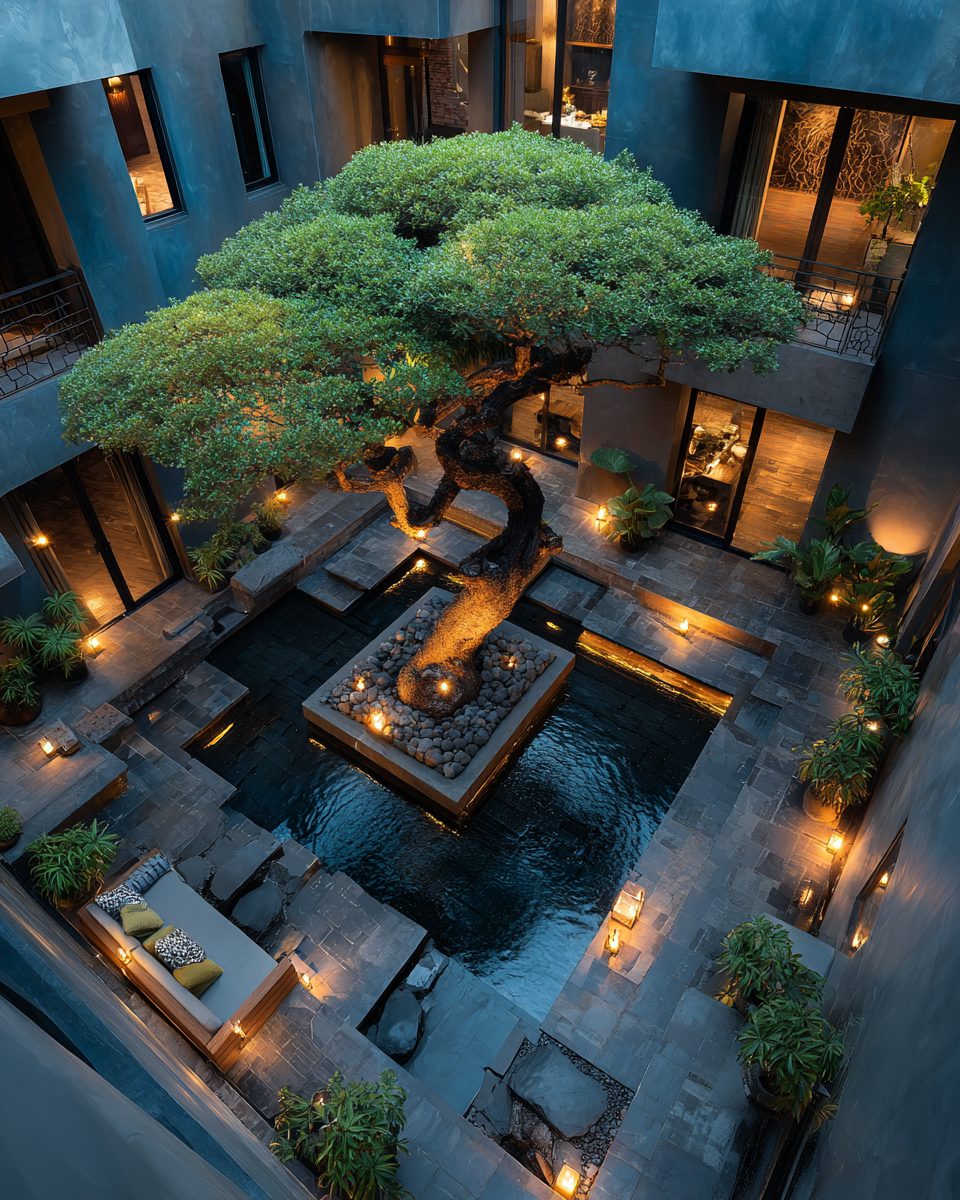 Modern Courtyard Garden with a Large Bonsai Tree