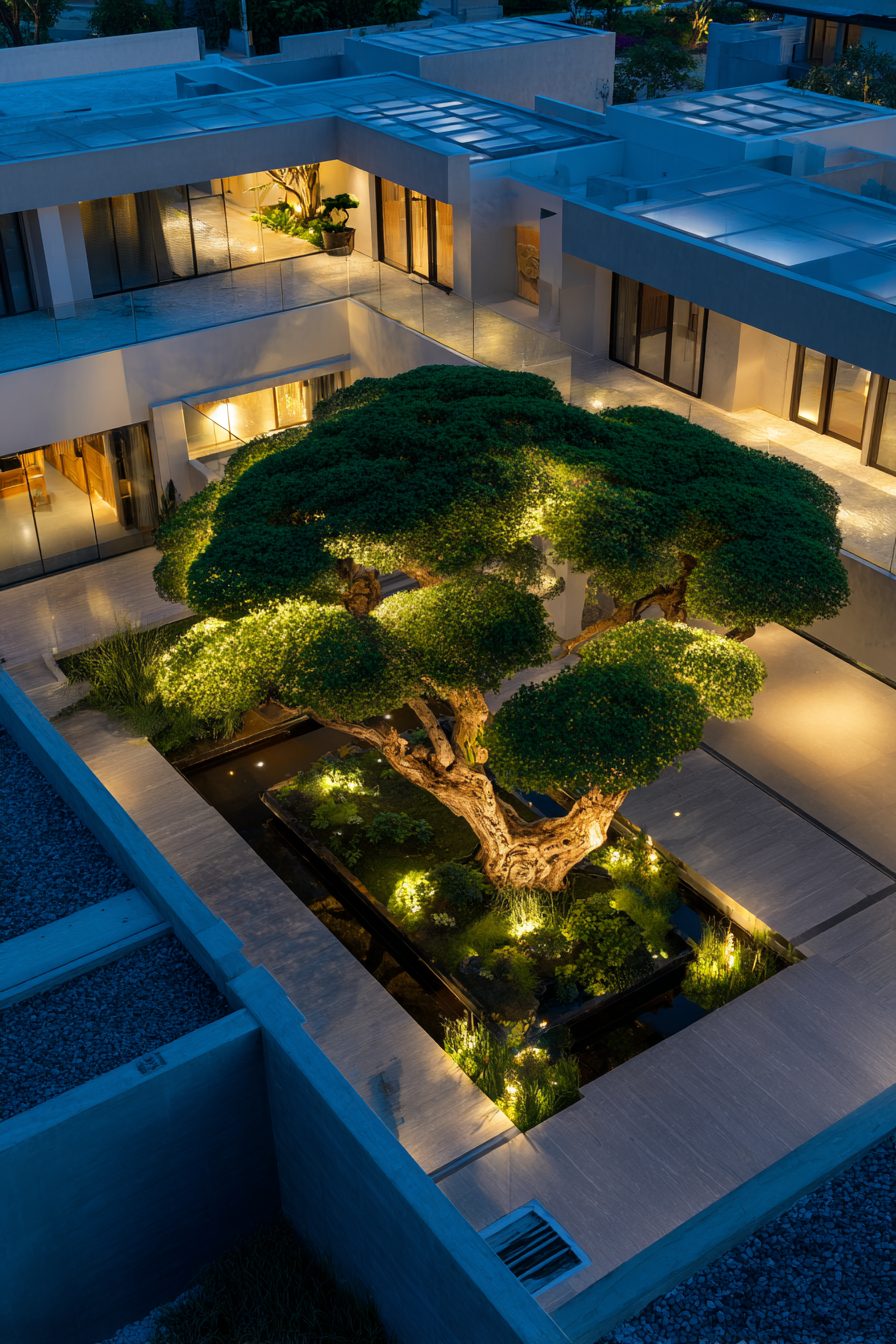 Modern Courtyard Garden with a Large Bonsai Tree