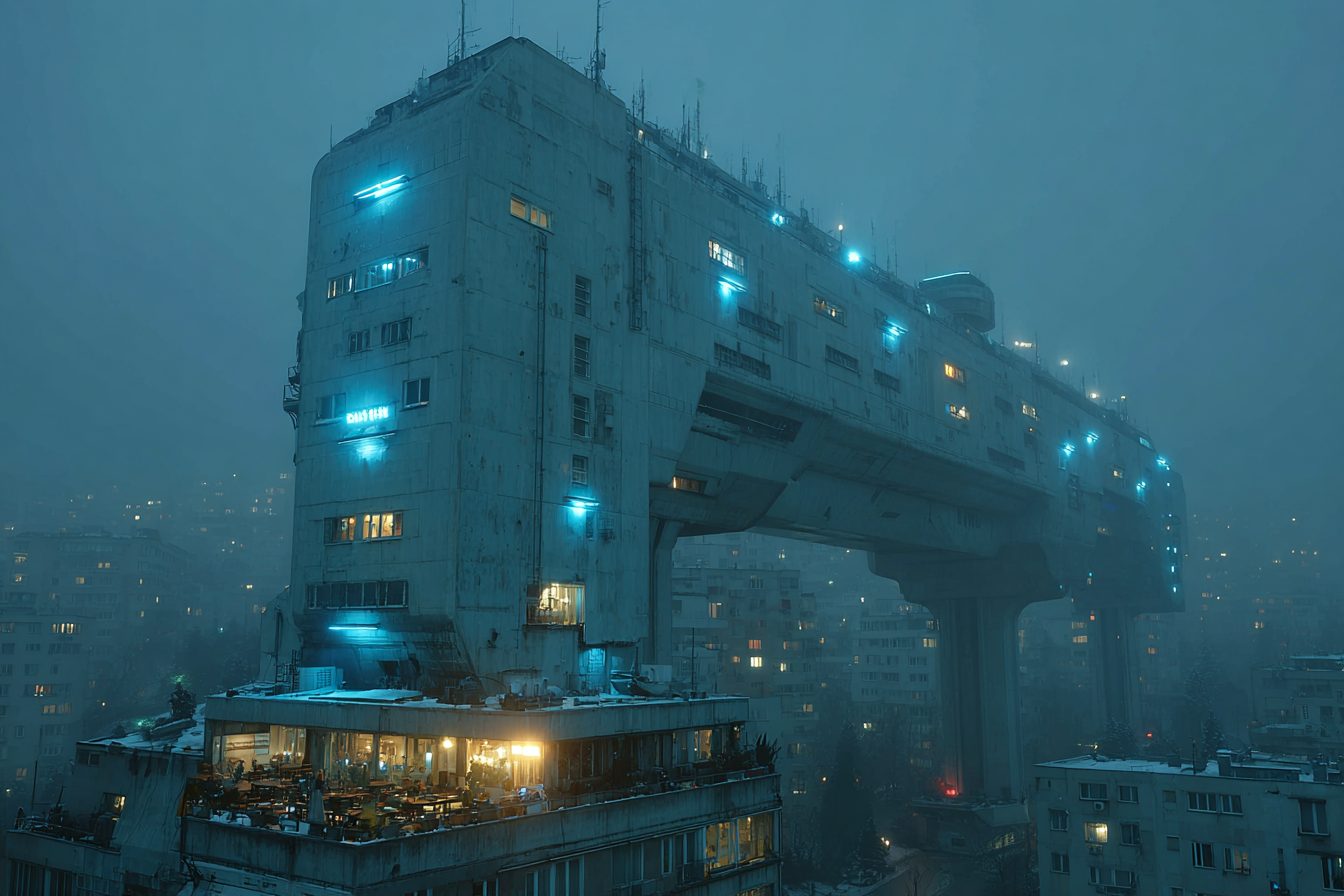 Dystopian Buildings with Blue Neon Lights