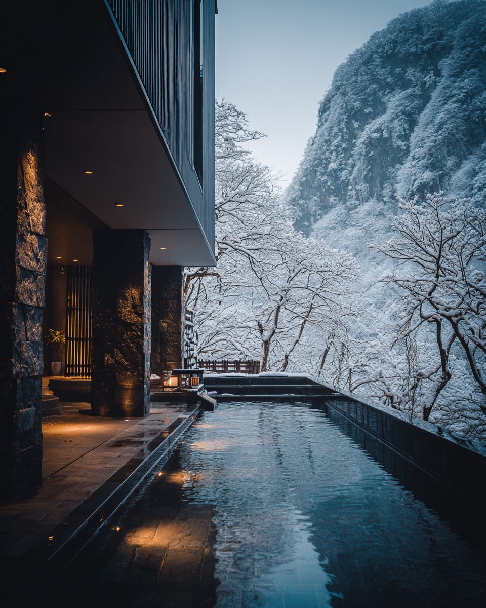 Infinity Pools with Snow-Covered Landscape Views