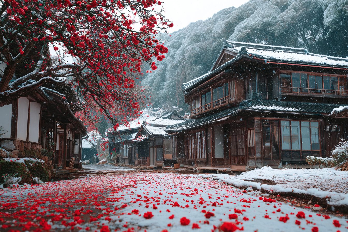 Snow-Covered Japanese Village Paths with Red Flowers