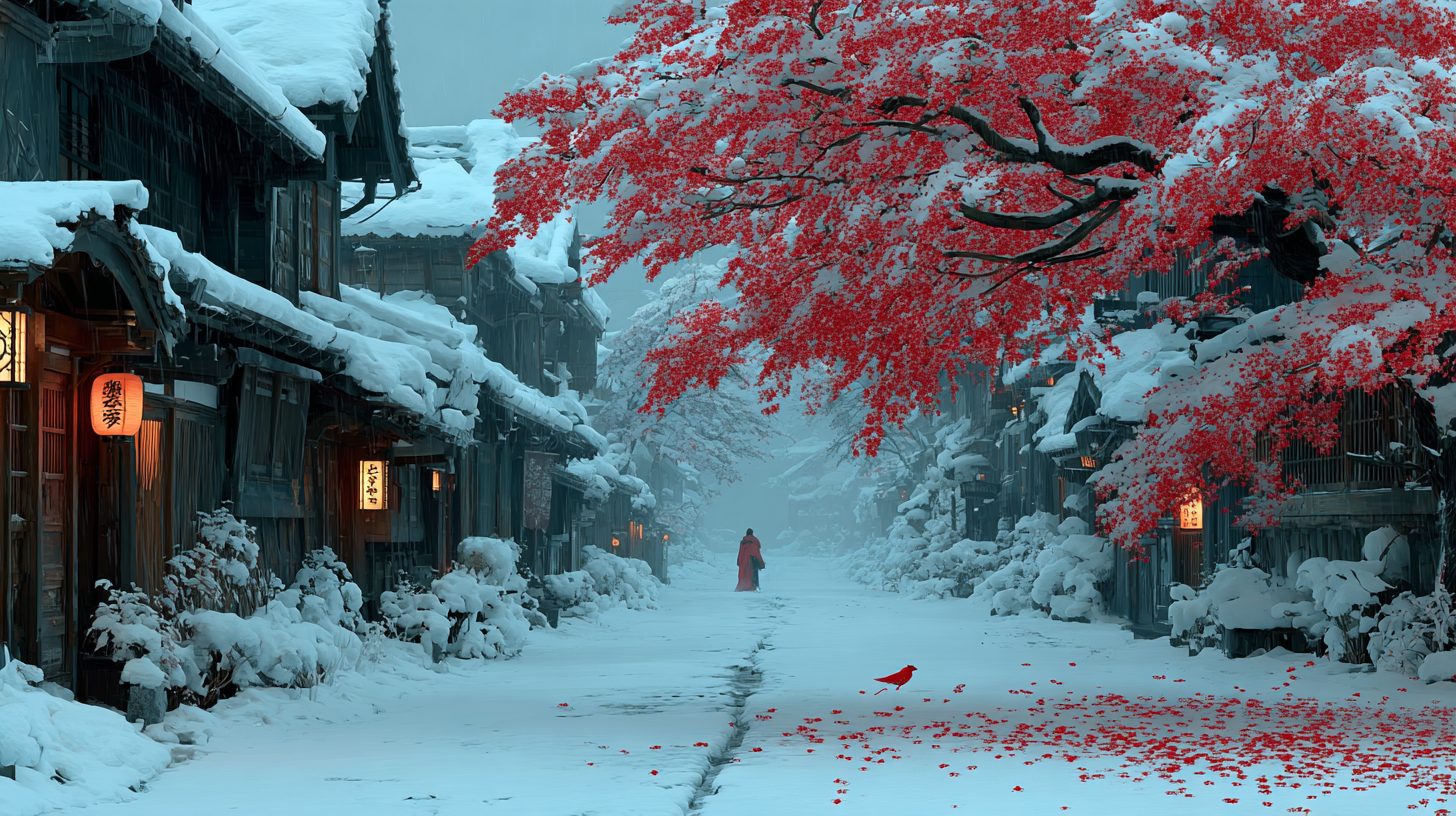 Snow-Covered Japanese Village Paths with Red Flowers