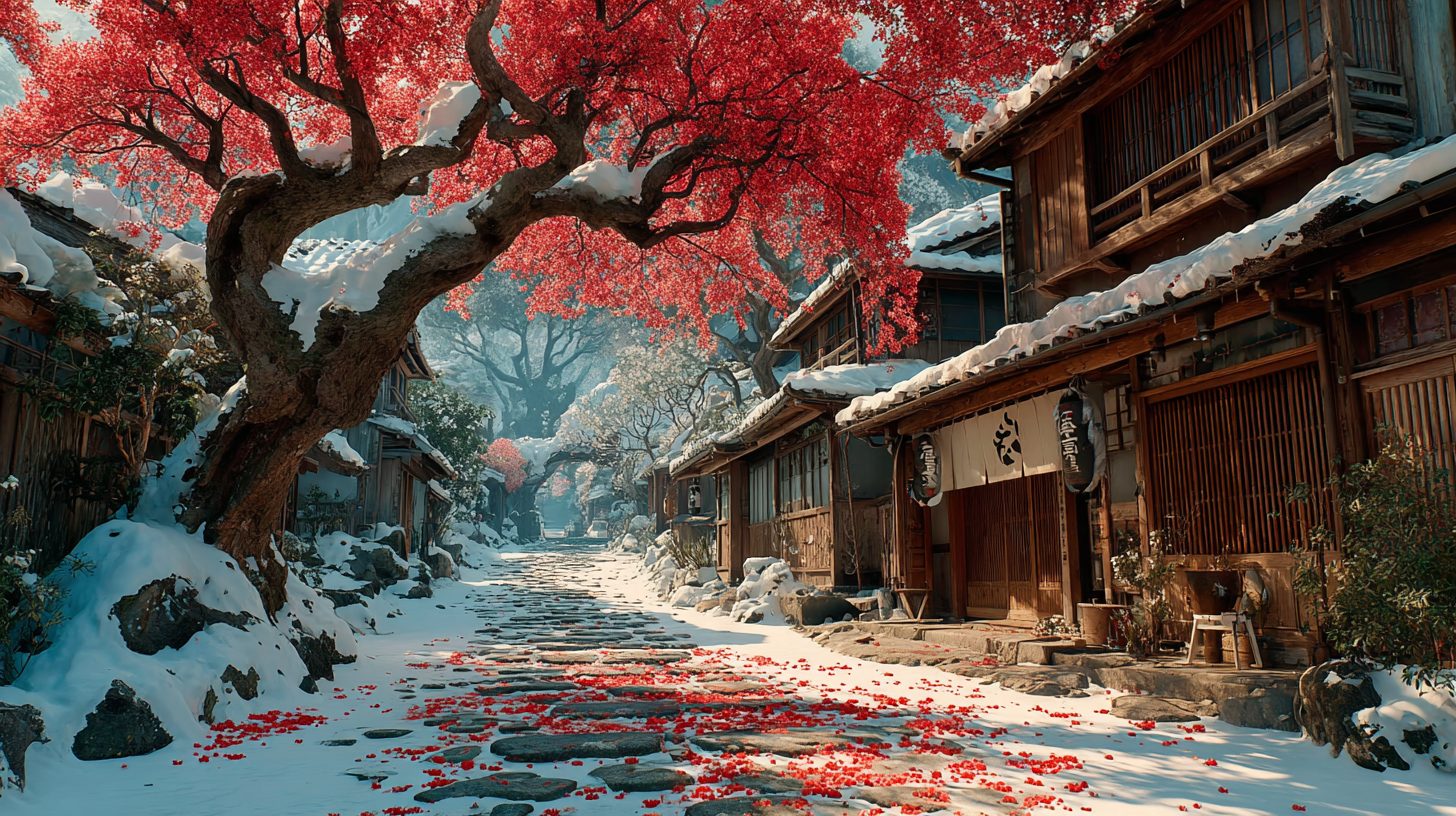 Snow-Covered Japanese Village Paths with Red Flowers