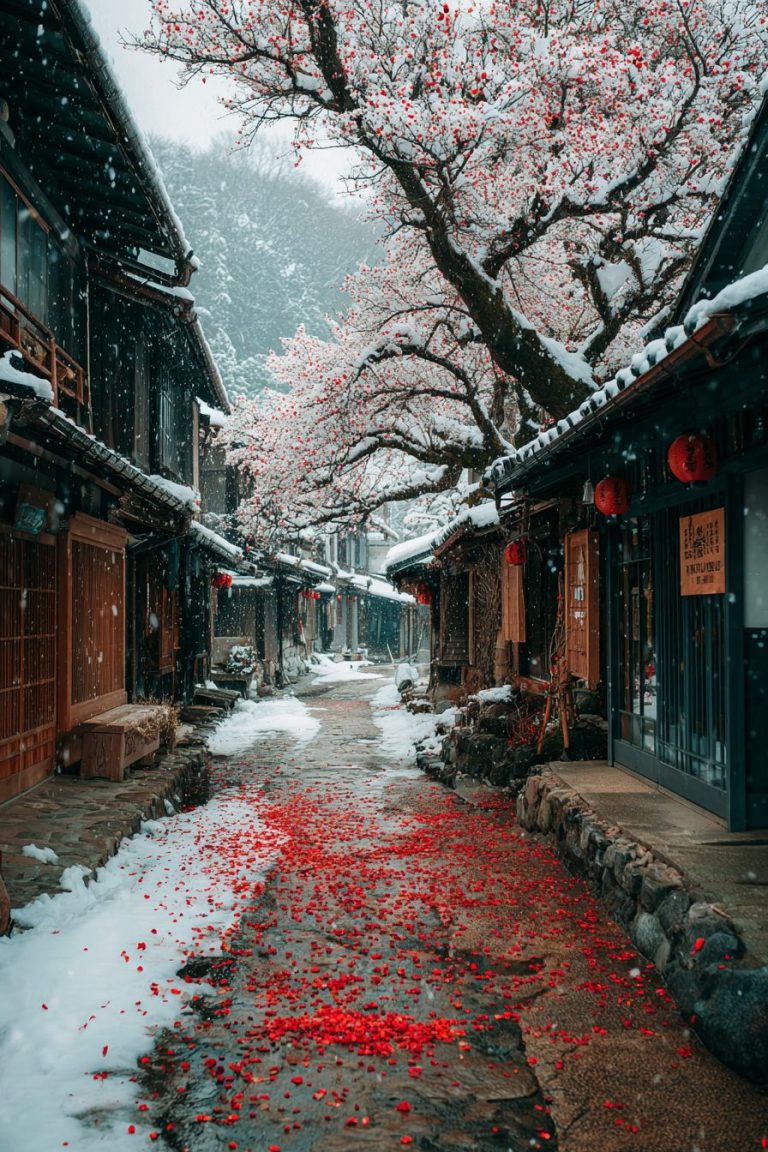 Snow-Covered Japanese Village Paths with Red Flowers