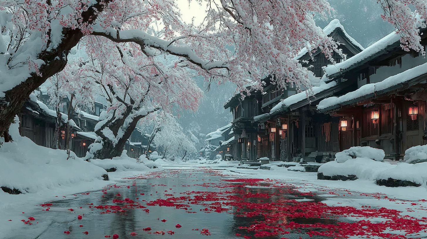 Snow-Covered Japanese Village Paths with Red Flowers