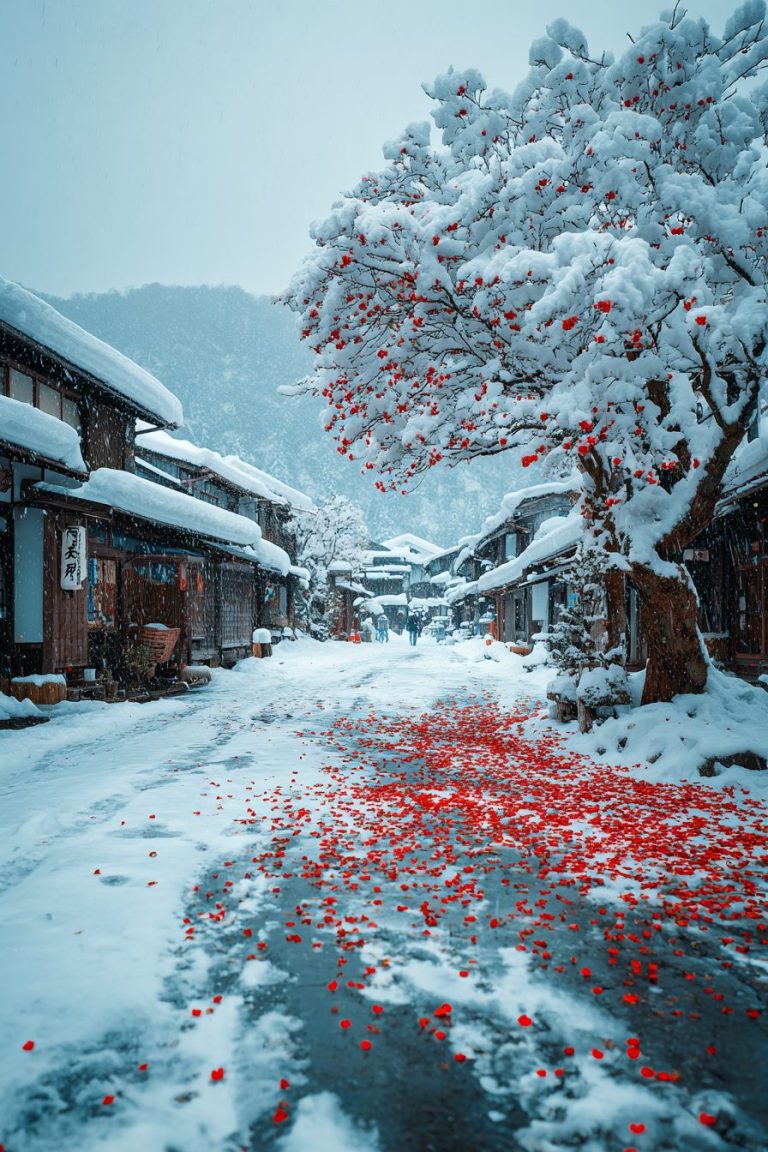 Snow-Covered Japanese Village Paths with Red Flowers