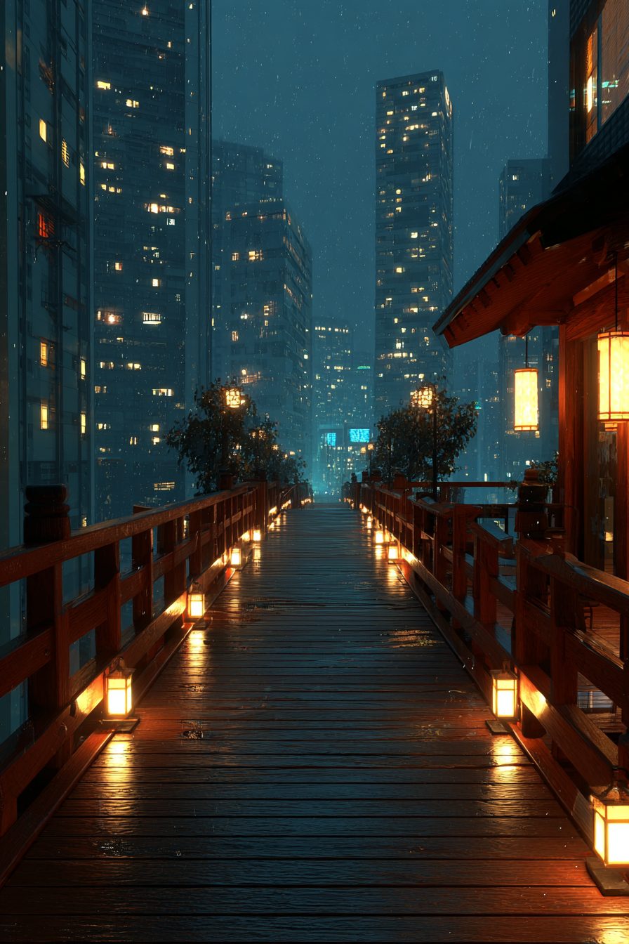 Traditional Japanese Bridges surrounded by Modern Buildings