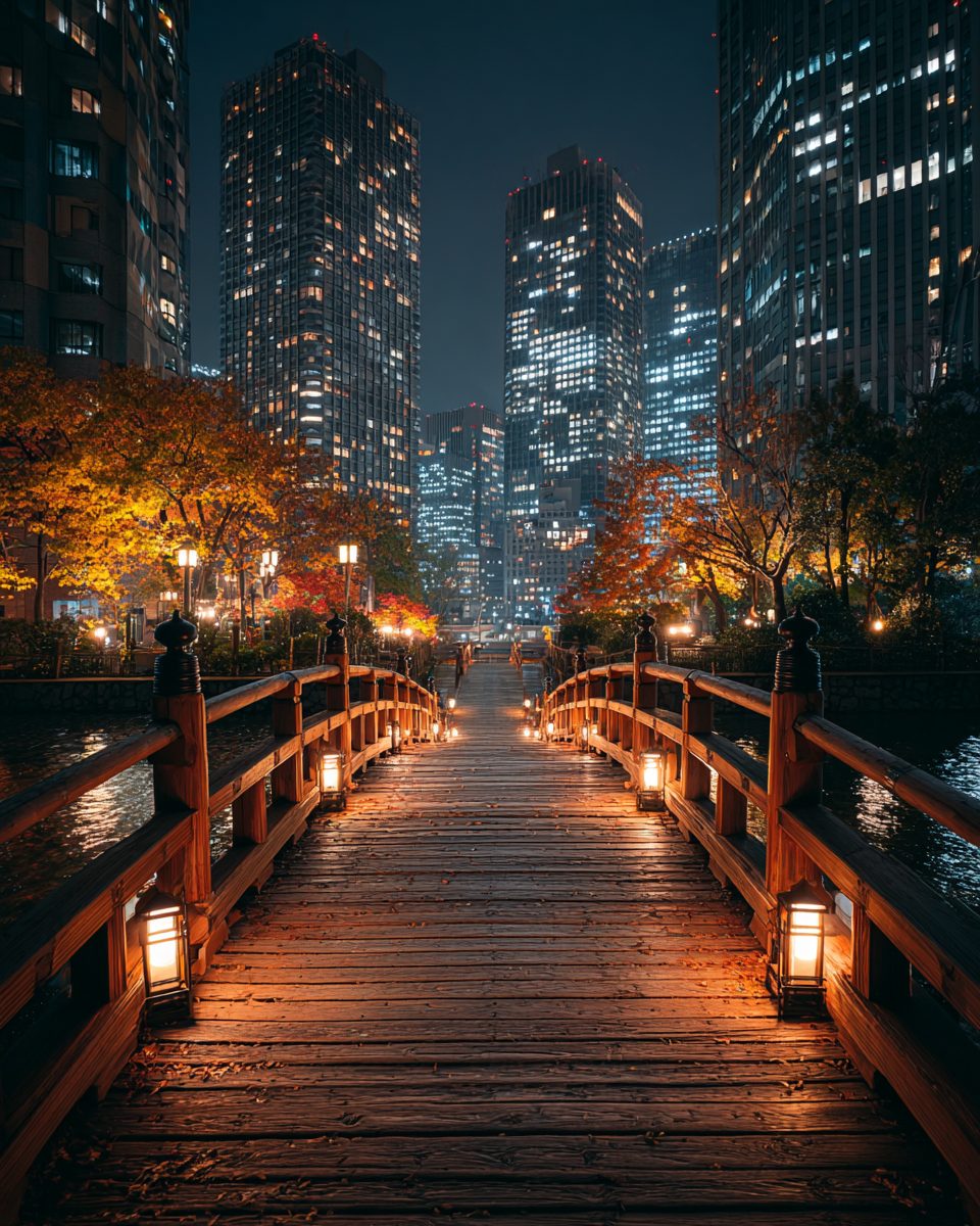 Traditional Japanese Bridges surrounded by Modern Buildings