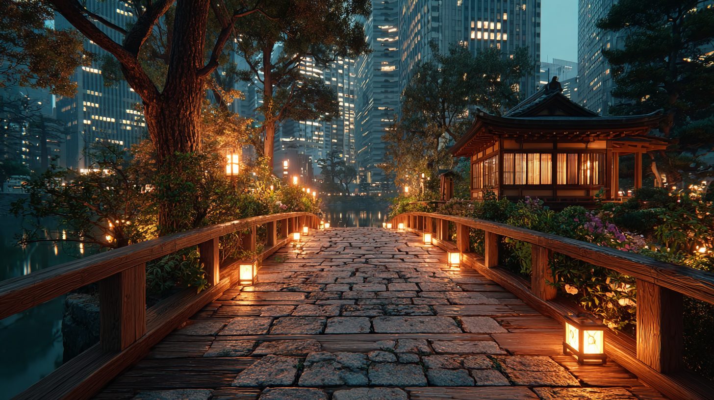 Traditional Japanese Bridges surrounded by Modern Buildings