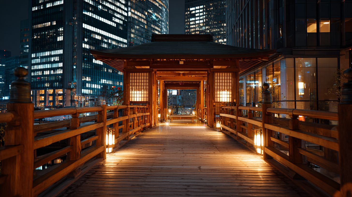 Traditional Japanese Bridges surrounded by Modern Buildings